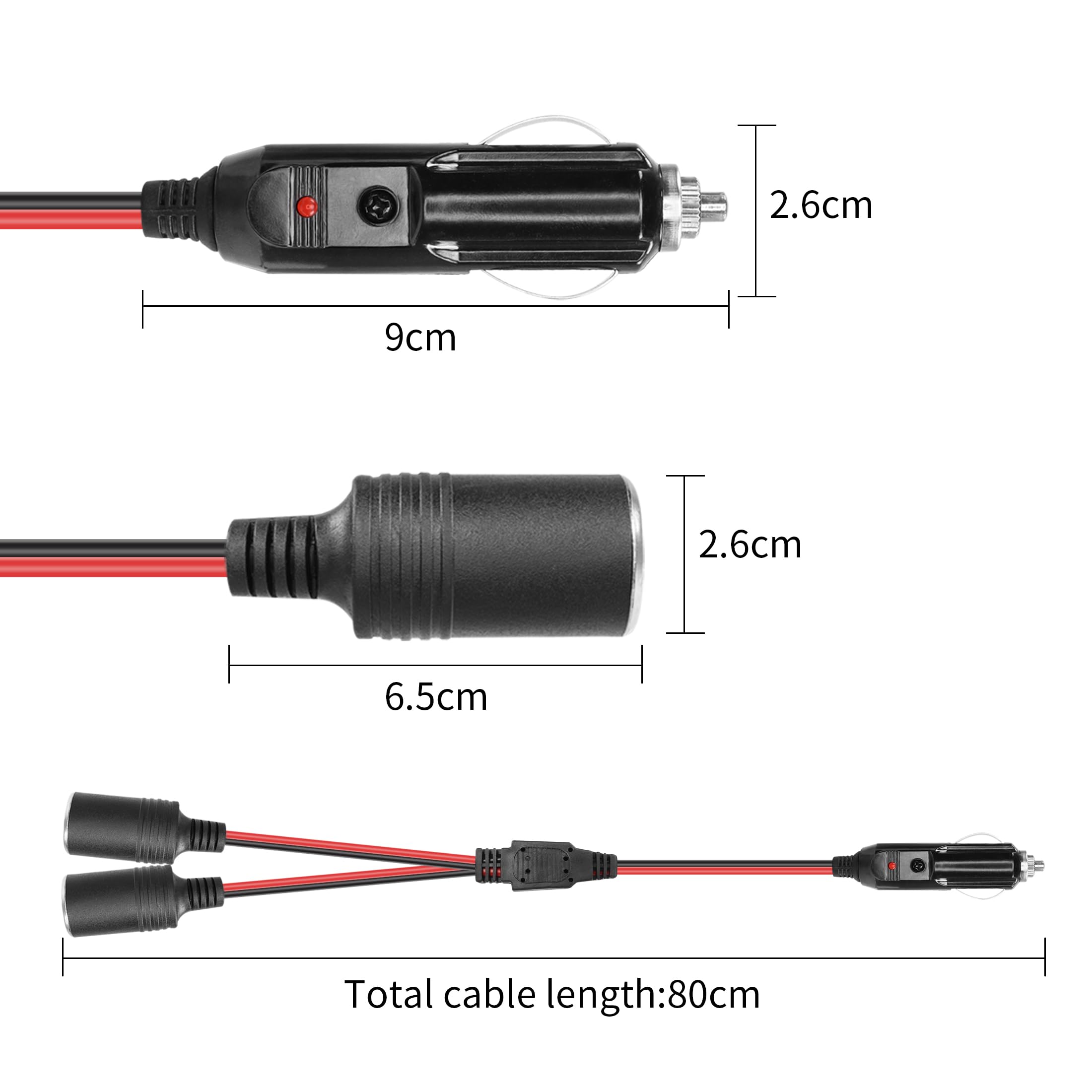 Car Cigarette Lighter Y Splitter Cable YACSEJAO 14AWG 2FT 12V/24V 1 to 2 Car Cigarette Lighter 2-Way Extension Cord