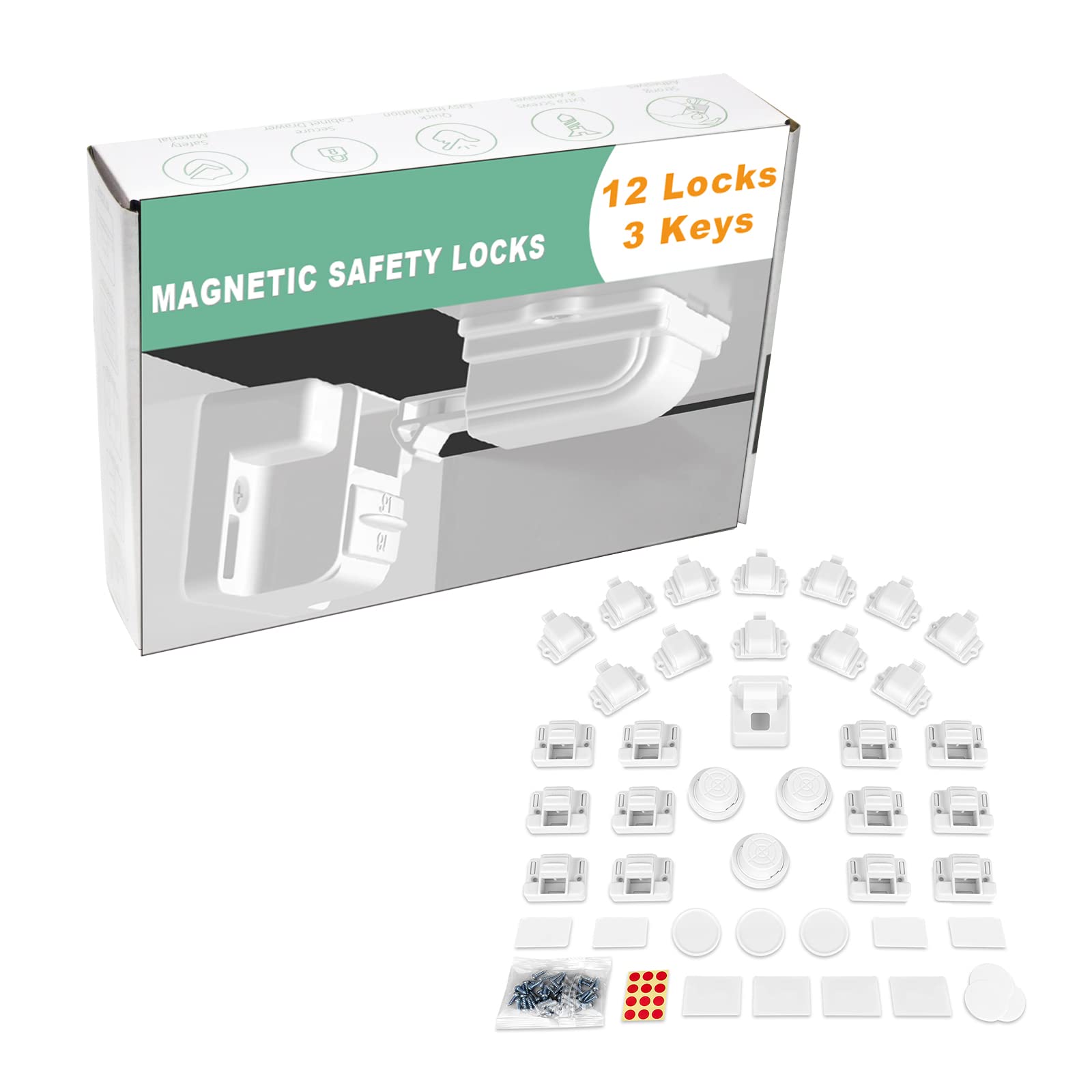 Cabinet Locks for Babies (12 Locks + 3 Keys) Double Key Design Child Locks for Cabinets with Extra Tape & Spare Screws Invisible Magnetic Cabinet Locks for Cabinets, Drawers, Cupboards