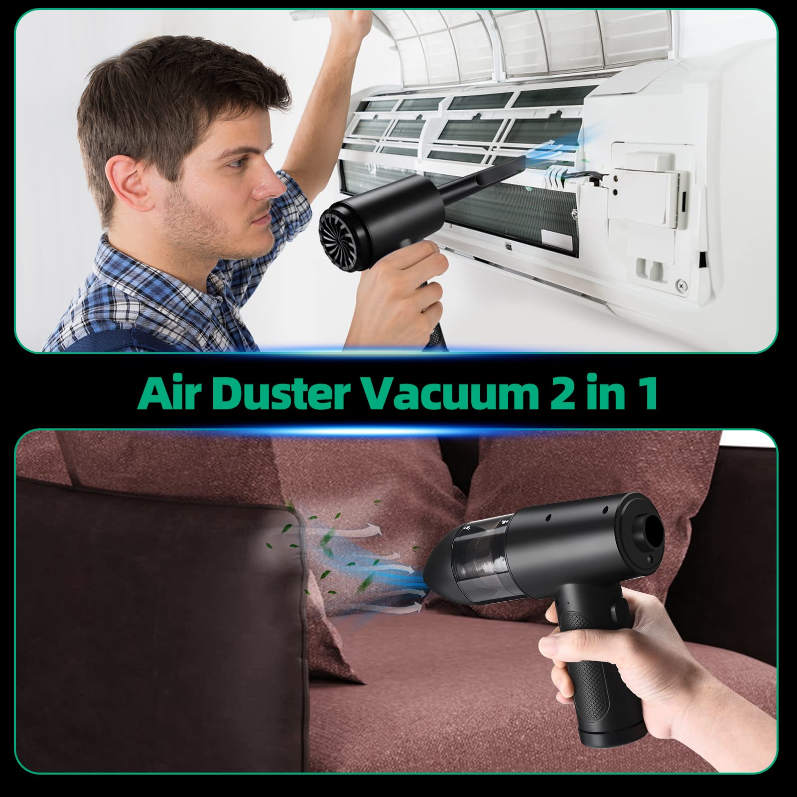 Compressed Air Duster, Cordless Air Duster & Vacuum 2 in 1, Electric Duster Reusable, 91000RPM Computer Vacuum Cleaner, Dust Blower for Computer, Car, Keyboard Clean, Replaces Compressed Air Cans