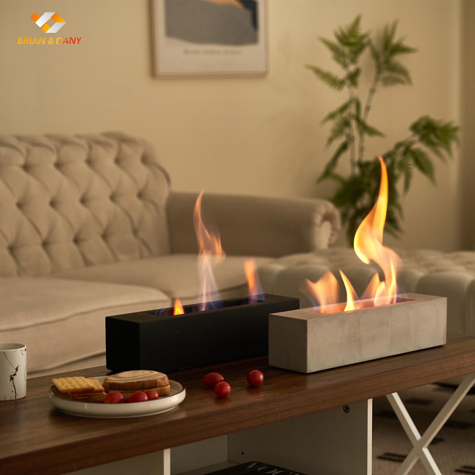 BRIAN & DANY Tabletop Fire Pit, Concrete Table Top Firepit for Indoor & Outdoor, Rectangle Ethanol Tabletop Fireplace, 14.9" x 3.3" x 3.3"
