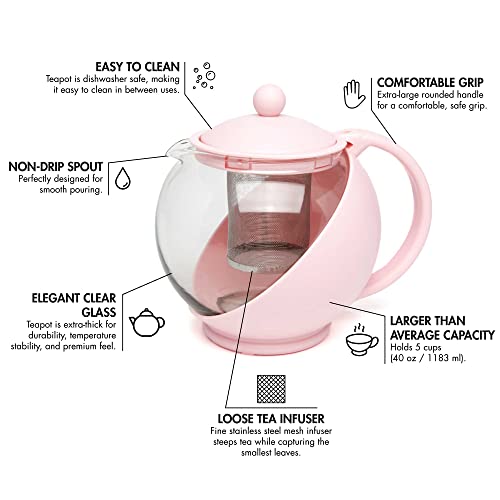 Primula Half Moon Teapot with Removable Infuser, Glass Tea Maker, Reusable, Fine Mesh Stainless Steel Filter, Dishwasher Safe, 40-Ounce, Pink