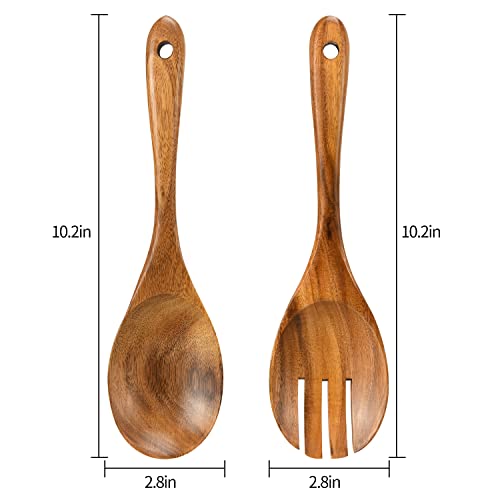 Salad Servers, Wood Salad Tongs, 10.2in Salad Spoon and Fork Set, Long Handle Salad Server Set for Mixing, Tossing and Cooking (Salad Spoon and Fork Set)