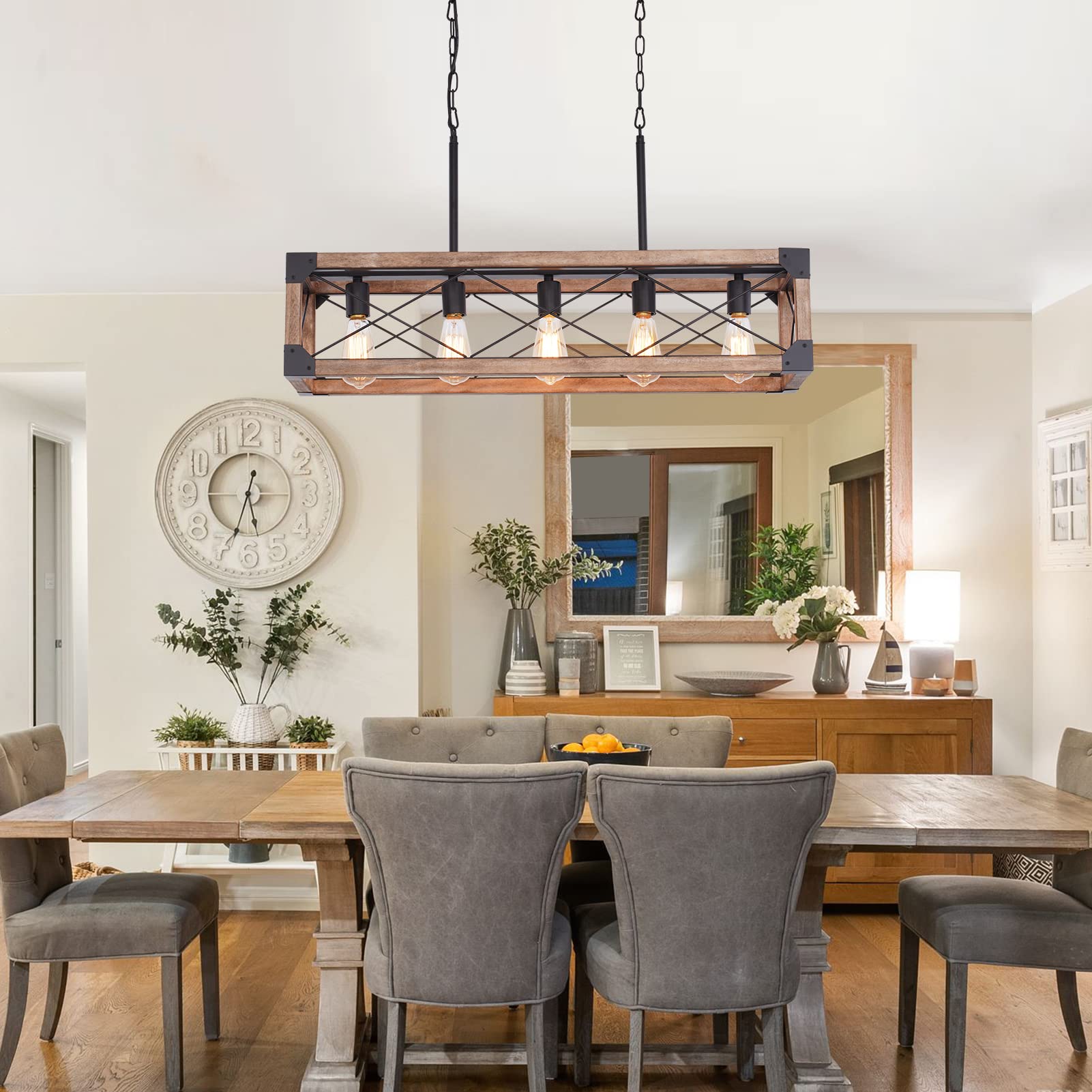 Bribyit Farmhouse Kitchen Island Lighting, 5-Light Dining Room Light Fixture, Farmhouse Linear Chandelier with Solid Wood for Dining Room Kitchen Bar Pool Table
