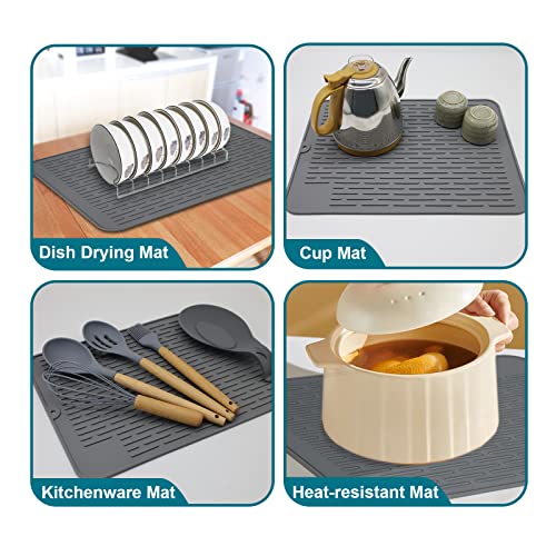 MENTBERY Dish Drying Mat, Silicone Dish Drying Mat for Kitchen Counter, Heat Resistant Non-slip Dish Mat Drying Kitchen Mat 16x12 Inch, Gray