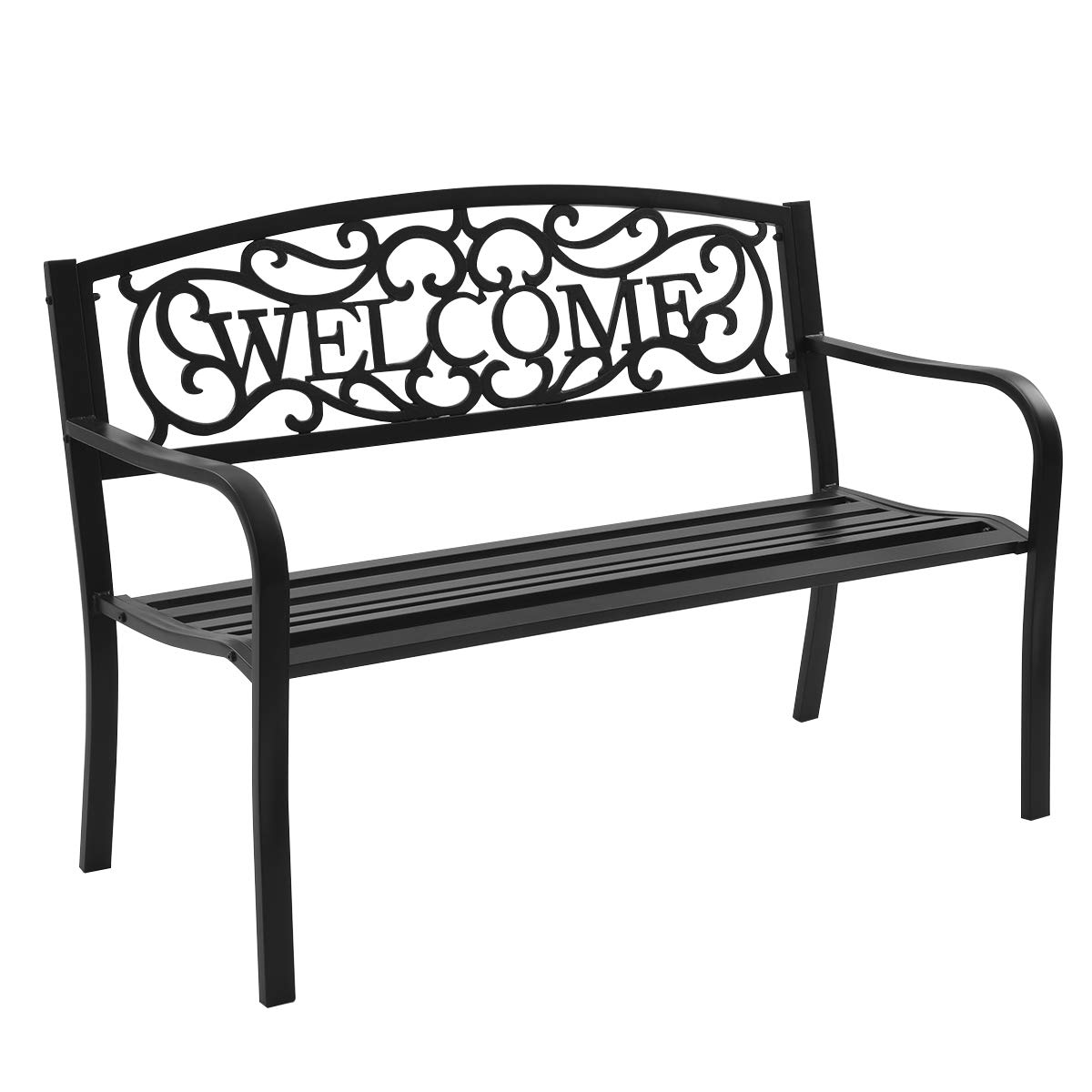 Giantex Garden Bench, Antique Metal Outside Bench w/Warm Welcome Pattern, Elegant Bronze Finish and Durable Iron Frame for Park Yard Porch Chair (Black)
