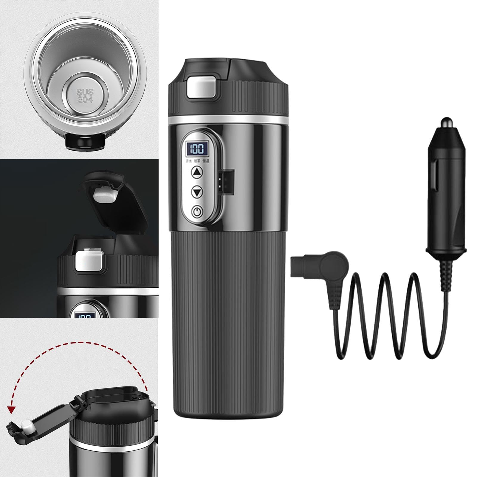 Car Heating Cup Car Kettle Portable Easily Washing Electric Heat Water Cup Car Heated Mug for Heating Water Outdoor Work, Black