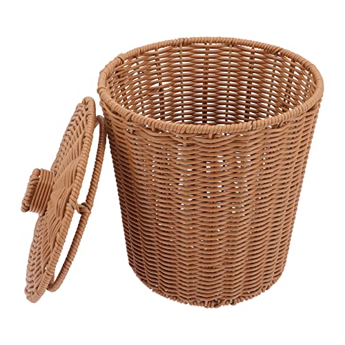 DOITOOL Wicker Storage Basket with Lid Round Rattan Storage Basket for Storage, Wicker Waste Basket for Bedroom, Bathroom, Offices Or Home ( 24x24cm )