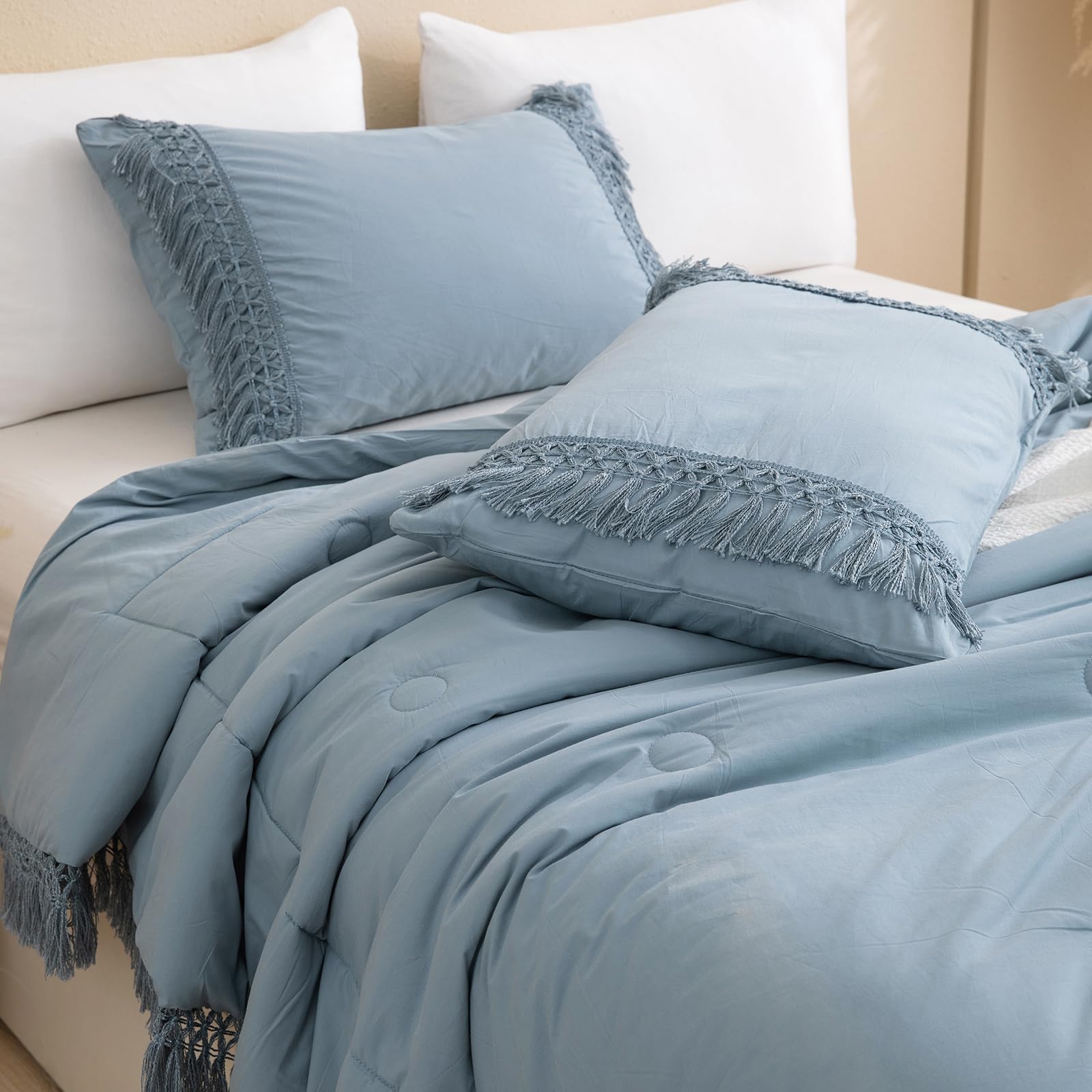 Boho Queen Comforter Farmhouse Comforter Set Shabby Chic Fringe Tufted Tassel Design Linen Like Textured Beding Comforter 1 Bohemian Comforter 2 Pillowcases (Blue, Queen)