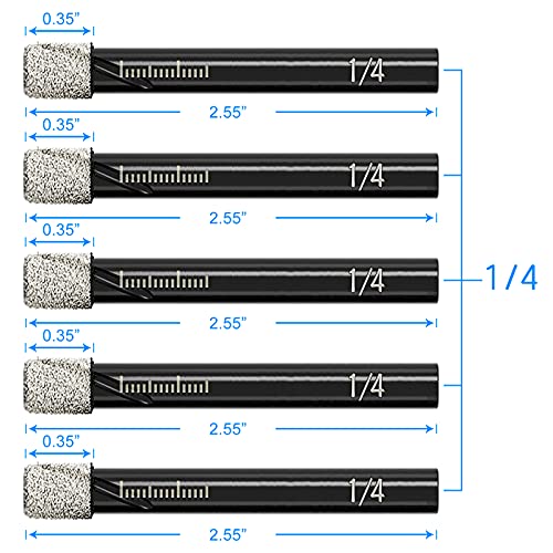 DKIBBITH 1/4" Dry Diamond Drill Bits Set 5 PCs 6mm for Granite Ceramic Marble Tile Stone Glass Hard Materials (not for Wood), Round Shank with Storage Case