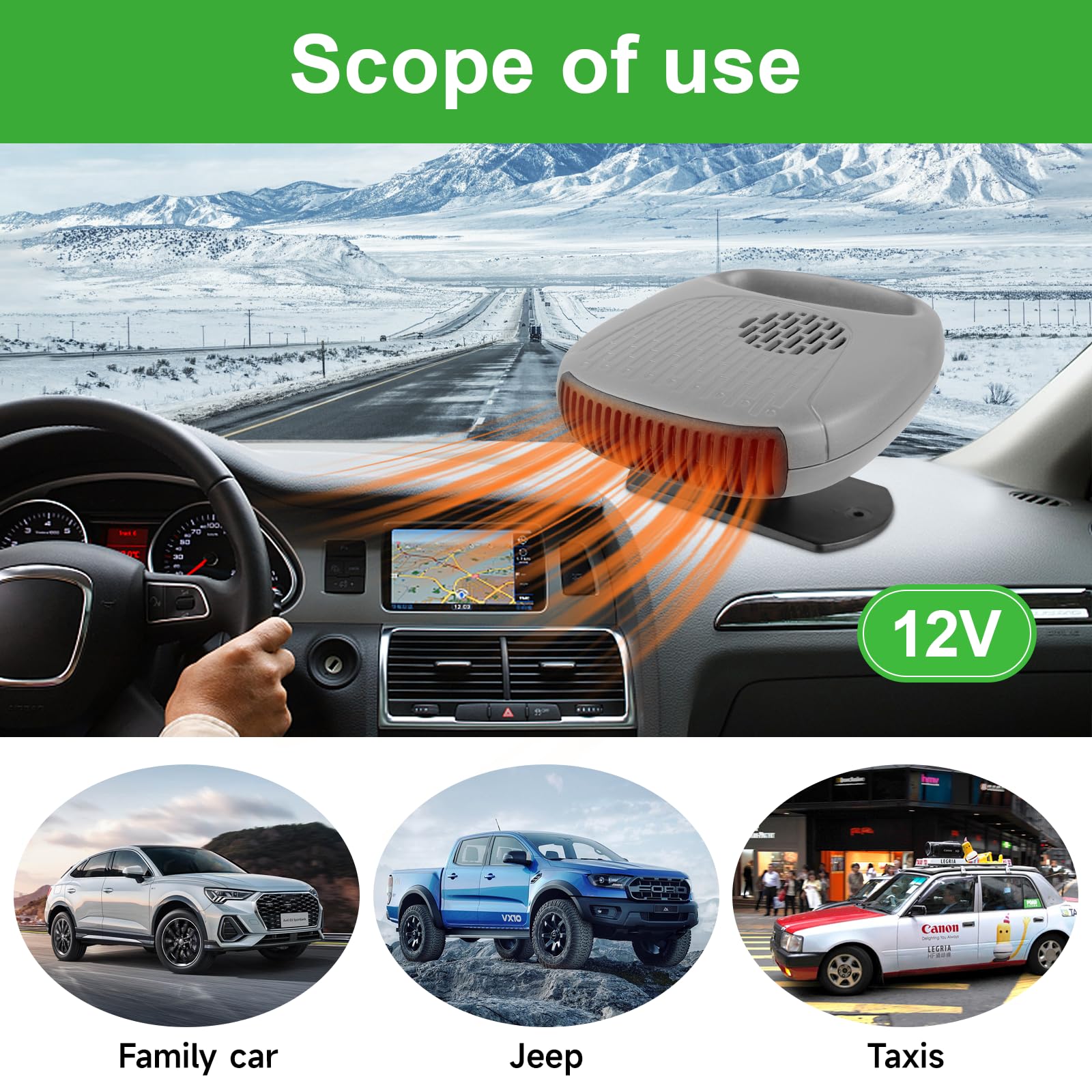 Car Heater 2 in 1 - Powerful 12V 120W Automobile Windscreen Fan and Ceramic Heater for Fast Defrosting and Heating - Ergonomic Handle Design and 360 Degree Rotary Base
