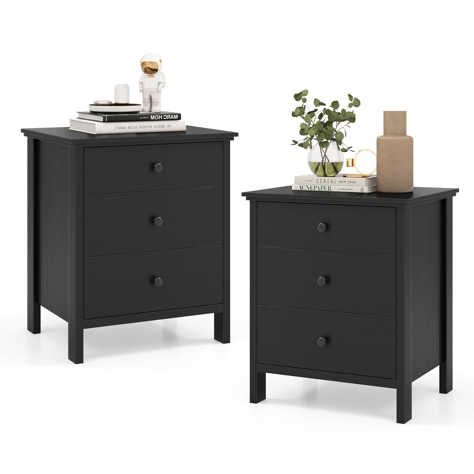 Giantex Nightstand with 3 Drawers Set of 2, Wooden Side End Table with Solid Wood Legs, Retro 3-Drawer Bedside Table Night Stand for Bedroom Home Office Small Space, Easy Assembly, White