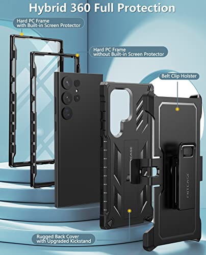 FNTCASE for Samsung Galaxy S23 Ultra Case: Built-in Screen Protector & Kickstand, Extra Front Frame, Full-Body Dual Layer Rugged Belt-Clip Holster Heavy Duty Shockproof Protective Phone Cover-Black