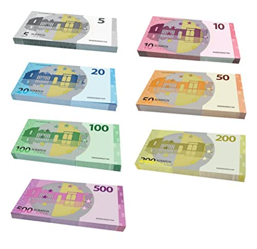 Scratch Cash Bundle Money to Play (Size Reduced to 75% Compared to The Real Ones) 175 Banknotes - 7 Stacks of Euro 25 x € 5, 10, 20, 50, 100, 200 and 500