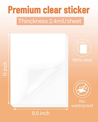 Printable Vinyl Sticker Paper for Inkjet Printer Clear Labels 50 Sheets Transparent Quickly Dry Non Waterproof Transparency Glossy 8.5 x 11 Decal Paper Tear & Scratch Resistant