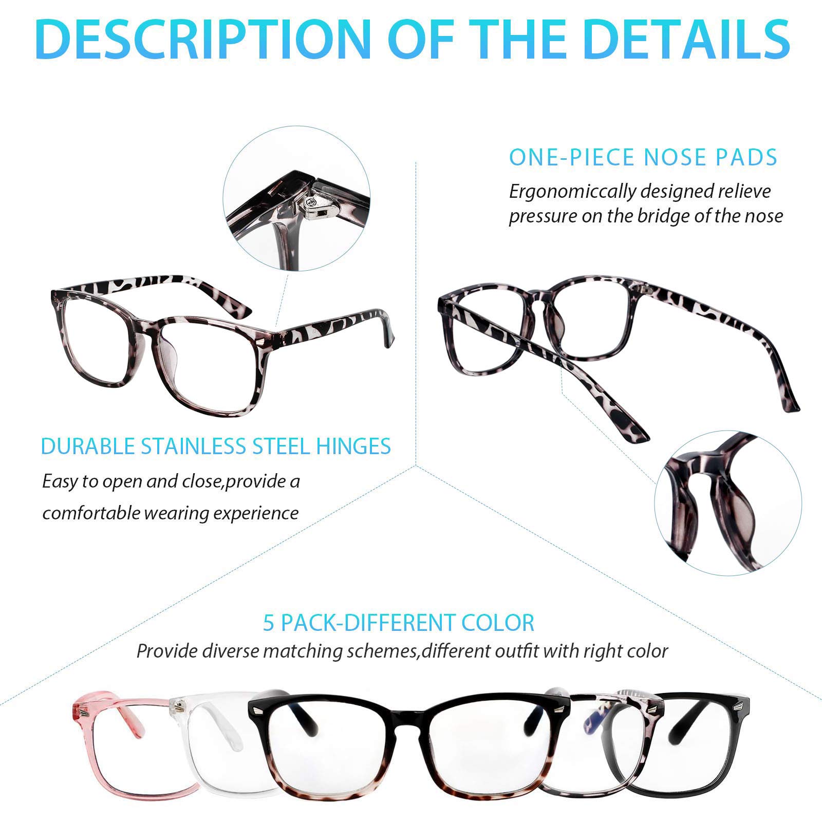 Blue Light Blocking Glasses For Women and Men, Anti Eyestrain Computer Glasses, 5 Pack