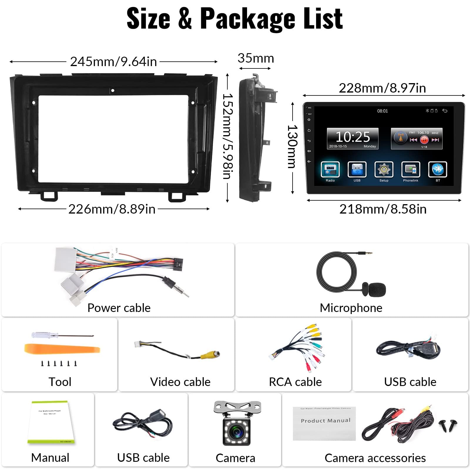 Car Stereo MP5 Player for Honda CRV 2007-2011 Car Radio with Apple Carplay Android Auto Mirror Link, 9" Touch Screen Car Radio with Bluetooth Backup Camera FM SWC Dual USB Input