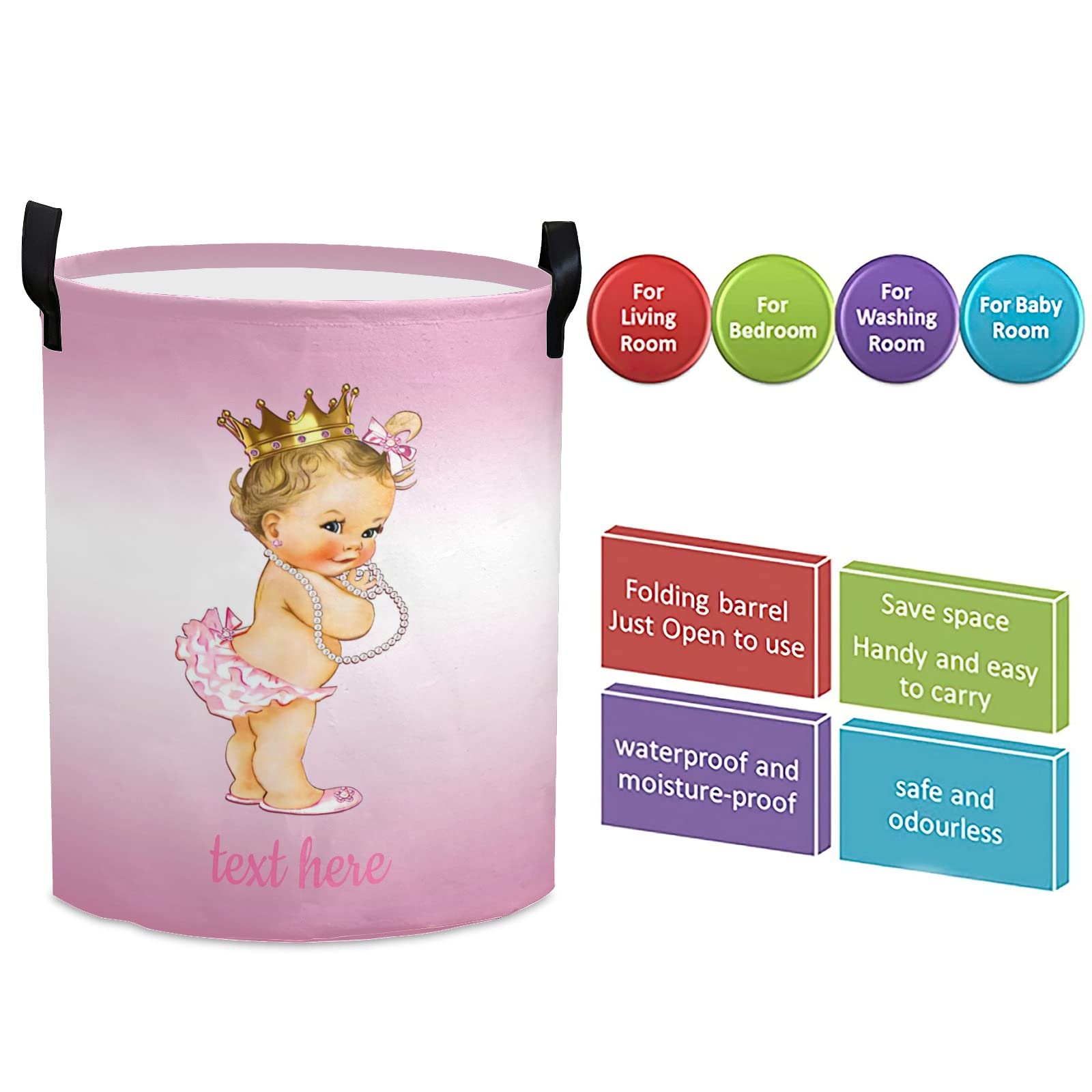 Custom Name Pink Girl Necklace Storage Bin Waterproof Nursery Storage Basket with Durable Handles Dirty Clothes Hamper for Bedroom Bathroom