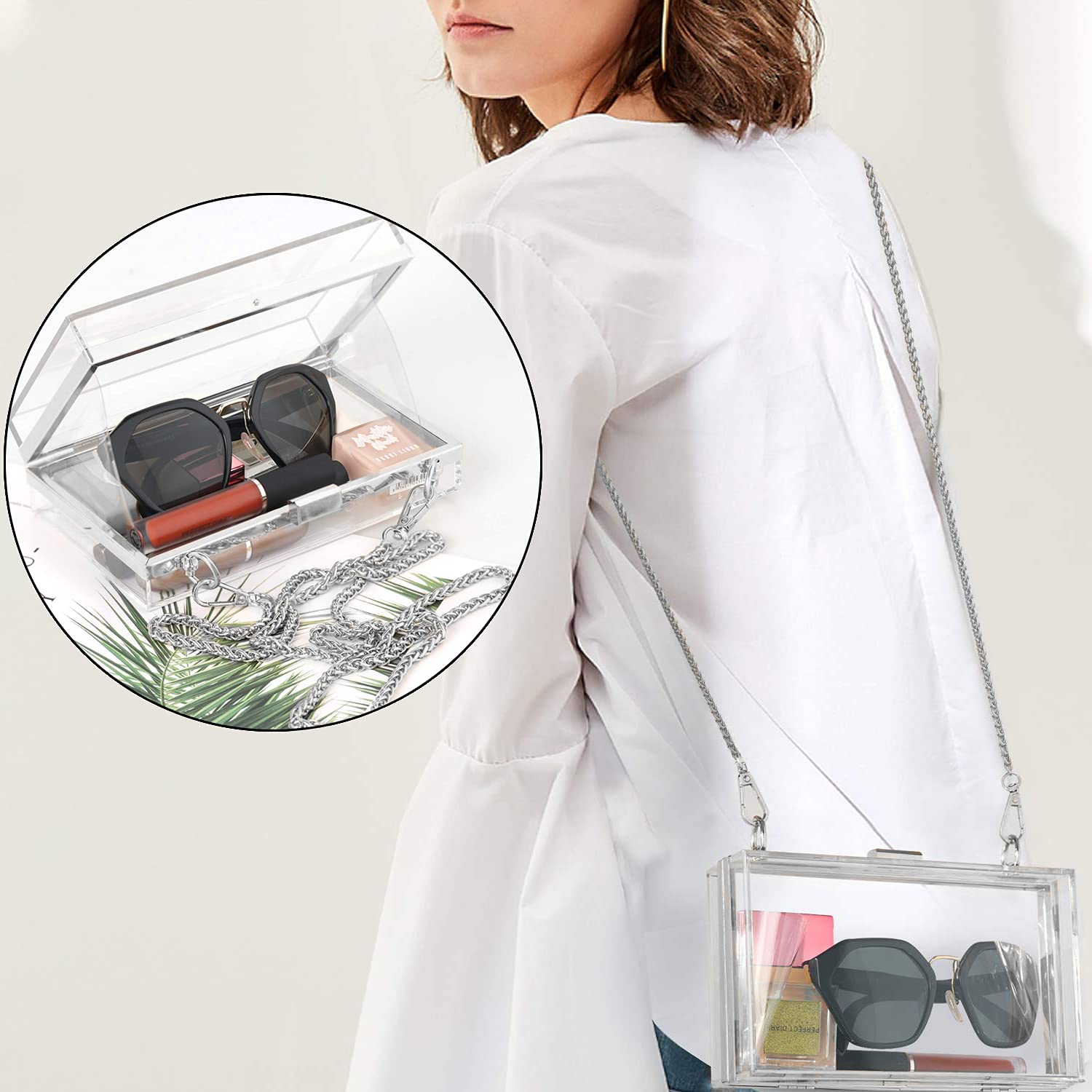Clear Purse for Women, Acrylic Box Evening Clutch Bag, Woman Cute Transparent Shoulder Bag, Shoulder Handbag With Removable Gold Chain Strap.(silver)