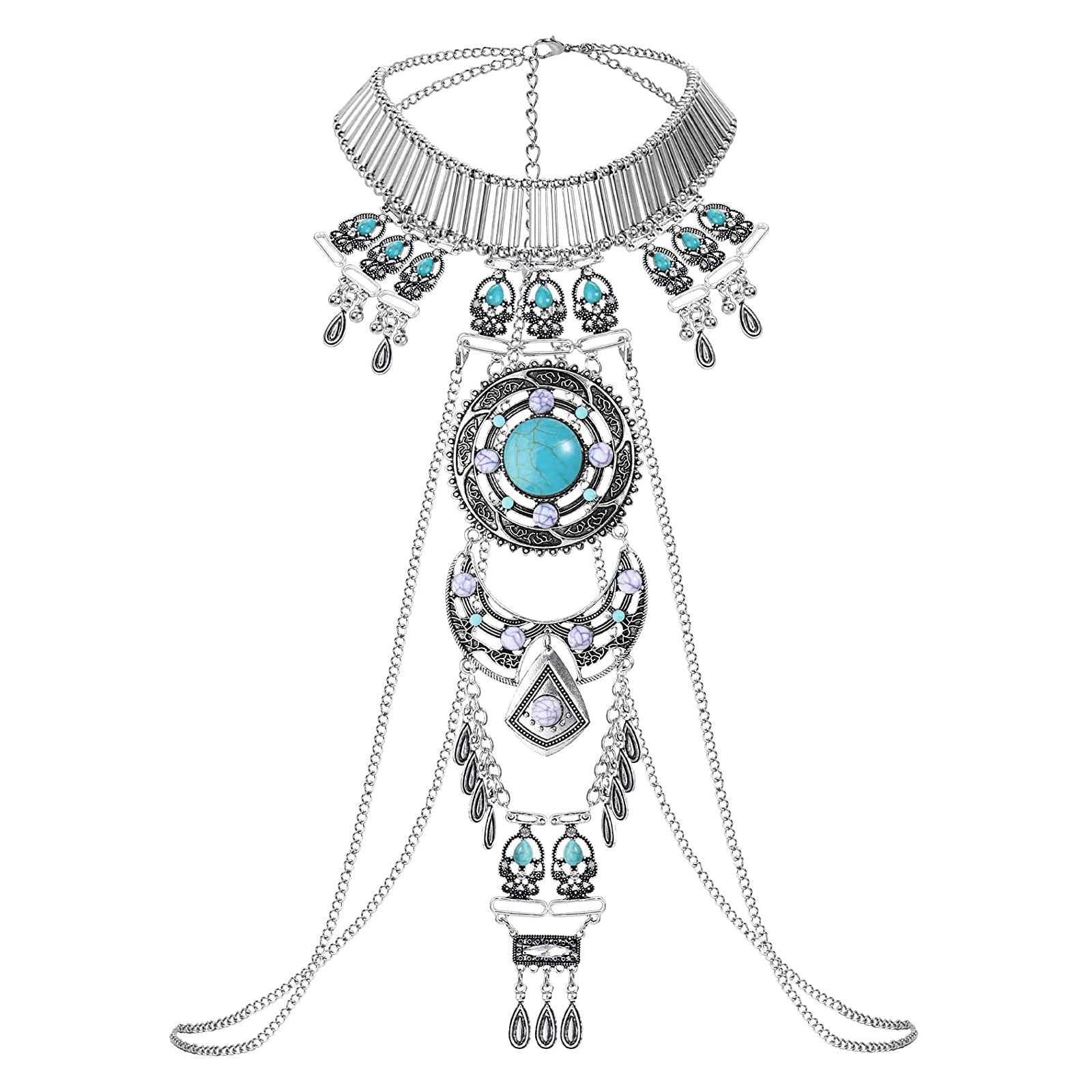 Boho Statement Turquoise Necklace Crossover Harness Bikini Waist Belly Sexy Body Chains for Women (Silver)