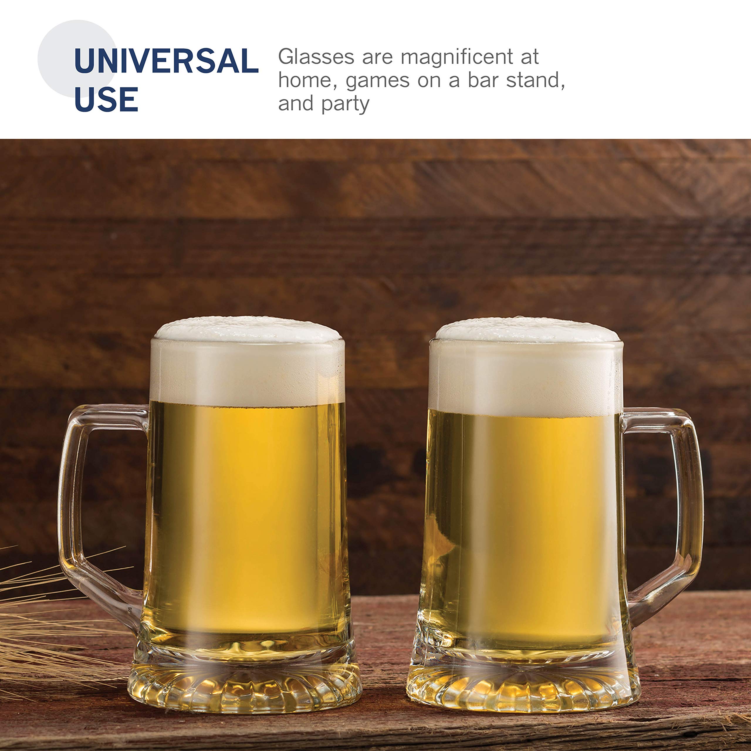 Bormioli Rocco 4-Pack Solid Heavy Large Beer Glasses with Handle - 17.1/4 Ounce Glass Steins, Traditional Beer Mug glasses Set, Perfect Coffee - Tea Glass, Everyday Drinking Glasses, Cocktail Glasses