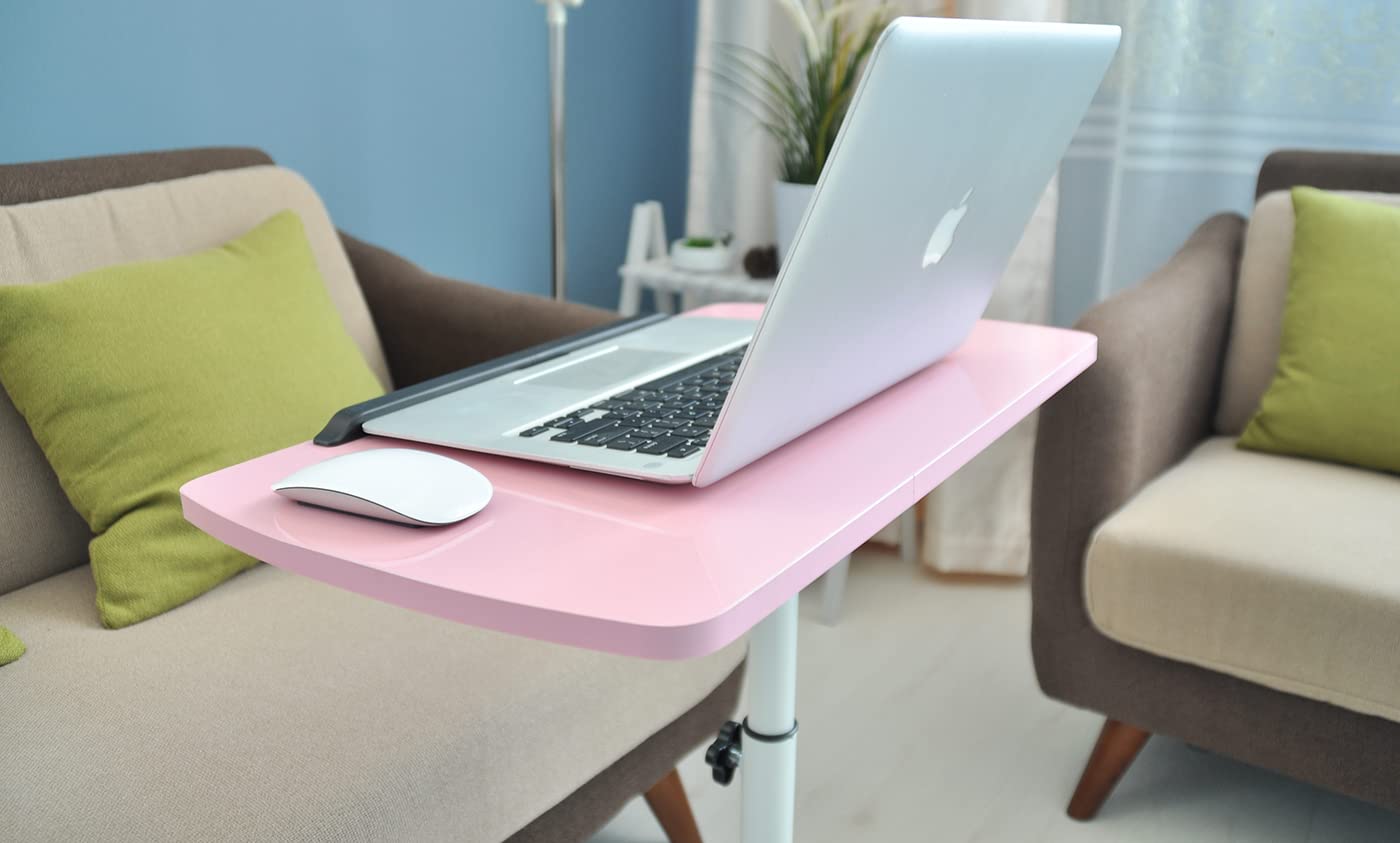 Qiveno Mobile Laptop Table, Standing Desk, Angle & Height Adjustable Rolling Laptop Desk Cart Over Bed Folding Portable Table for Hospital Home Office Pink