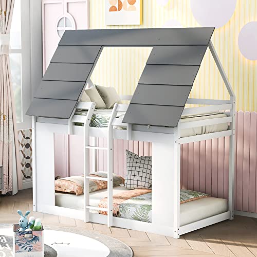 MERITLINE House Bed Bunk Beds Twin Over Twin Wood Bunk Beds with Roof for Kids Girls Boys, White