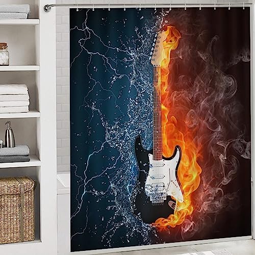 Fantasy Music Theme Guitar Shower Curtain Sets 4 Piece,Boys Room Decor Fire Water Flame Mist Electric Guitar Bathroom Decor Sets with Rugs Include Waterproof Non-Slip Toilet Lid Cover Bath Mat