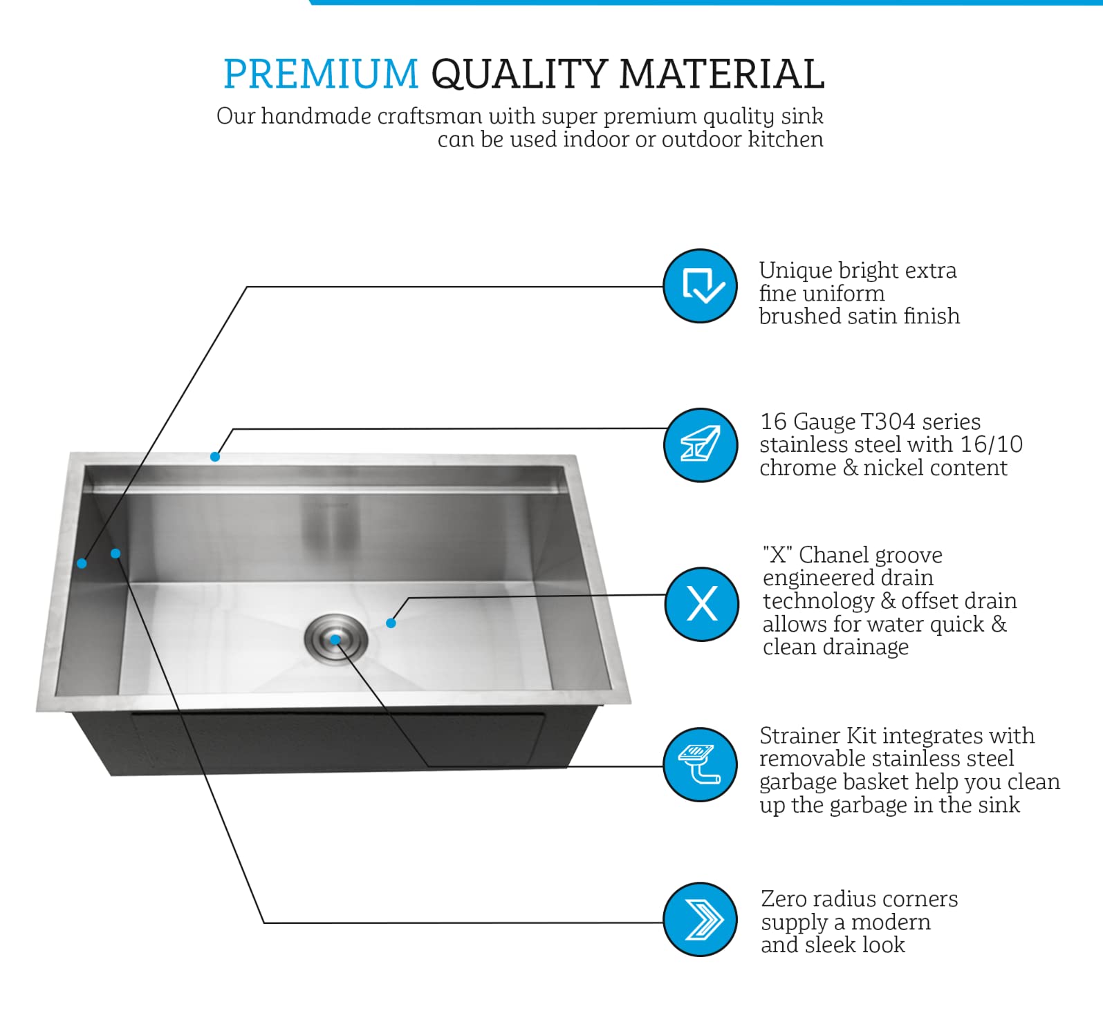 KABCO K-SSZRIS1 32 Inch 16 Guage Undermount kitchen sink Zero Radius Single Bowl stainless steel Finish kitchen sink 32"L X 19"W X 10"D Inch