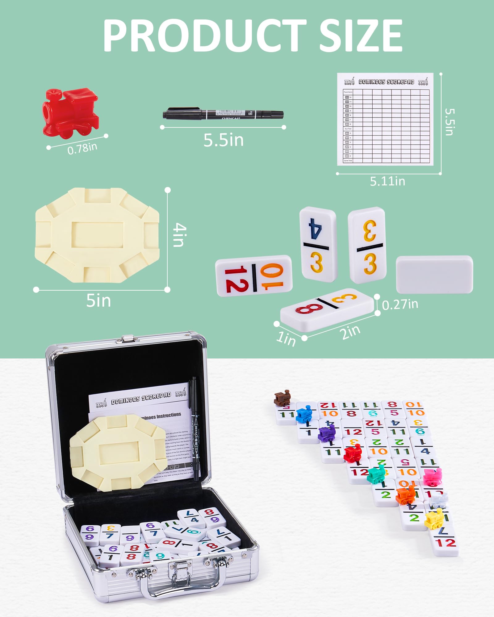 KAILE Mexican Train Dominoes Set with Numbers, 91 Tiles Double 12 Colored Dominoes Game Set with Aluminum Case for Families Kids 2-4 Players