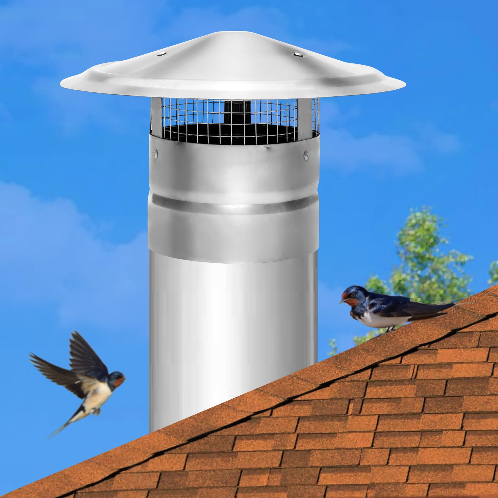 Ebusin 6 Inch Round Chimney Cap, 6 Inch Chimney Cap with Screen, Stove Pipe Topper, Galvanized Steel, Silver