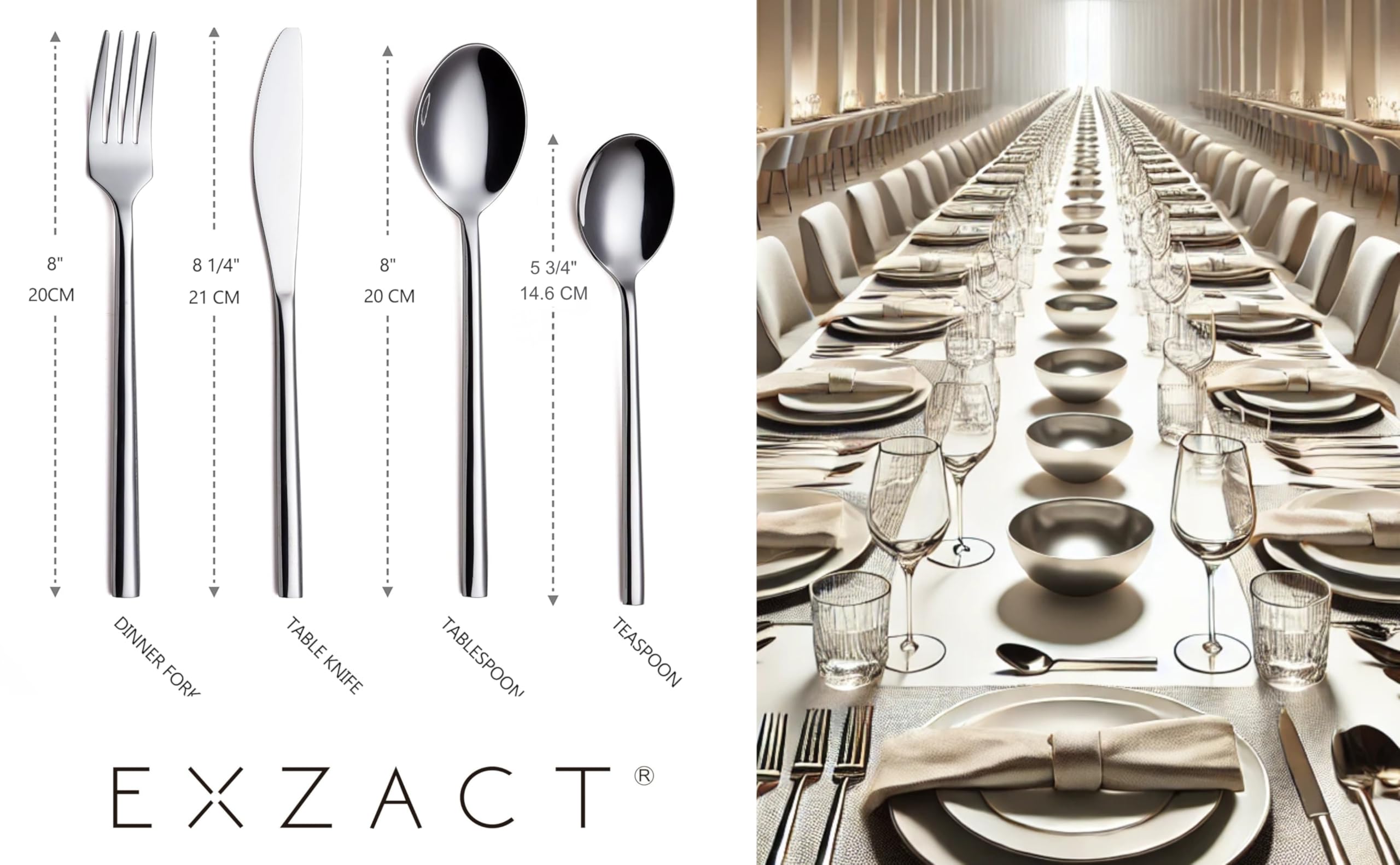 Exzact Silverware 24pcs Flatware Forged Stainless Steel - 6 x Forks, 6 x Table Knives, 6 x Tablespoons, 6 x Teaspoons - Service for 6 (24 pcs Hand Forged)