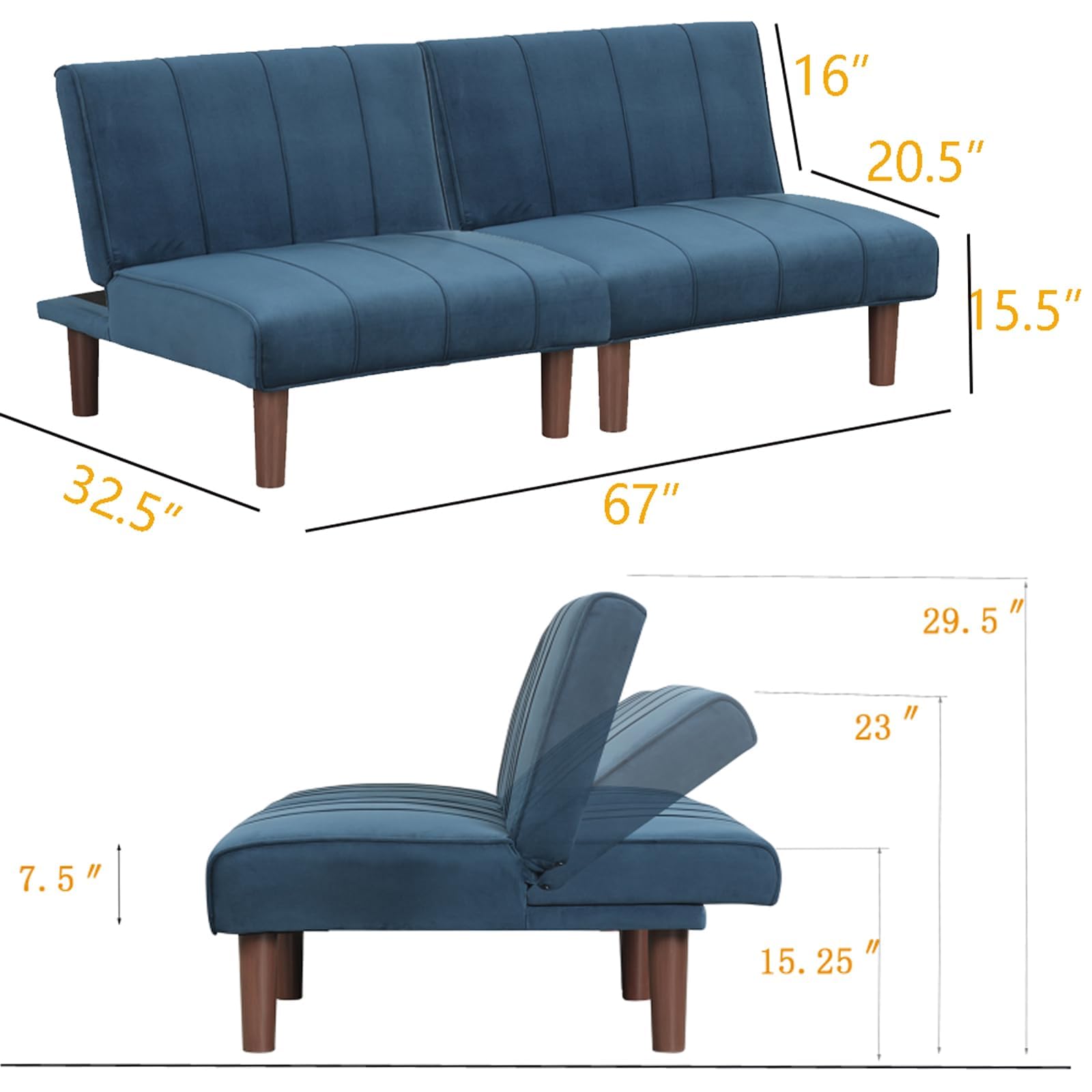 Furrich Futon Sofa Bed, 2 Pack Foldable Futon Couch with Adjustable Backrest, 3 in 1 Convertible Small Loveseat Sleeper Sofa for Living Room, Small Space, Apartment, Blue Fabric 305BL1-2PCS