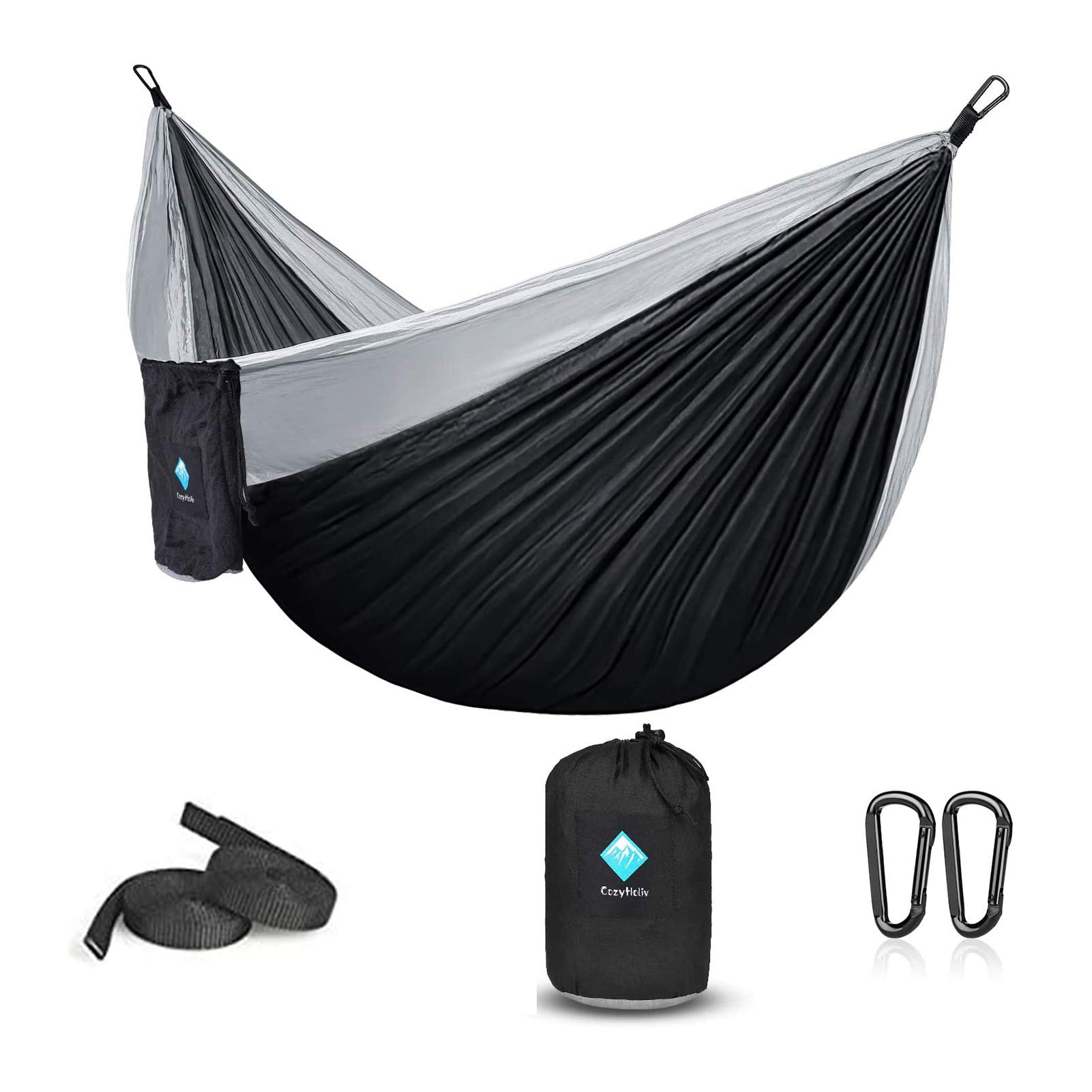 Camping Hammock, Single Hammocks Portable Parachute for Outdoor Hiking Travel Backpacking - 210D Nylon Hammock Swing for Backyard & Garden 55''W*108''L (Black/Gray)