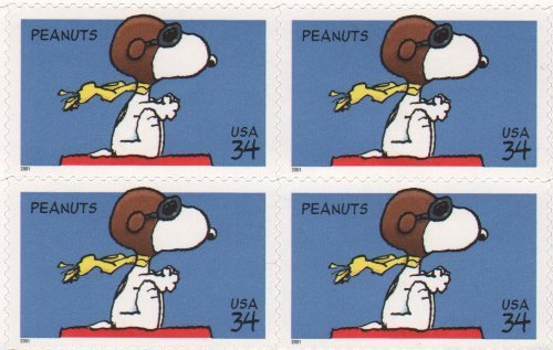 PEANUTS ~ SNOOPY ~ RED BARON ~ CHARLES SCHULZ #3507 Block of 4 x 34¢ US Postage Stamps