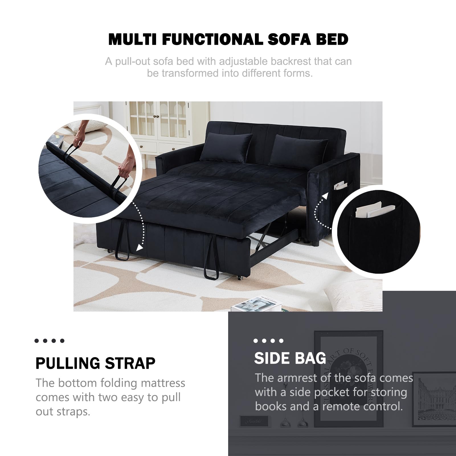 ECHINGLE 55.51" Convertible Sofa Bed, 3-in-1 Sleeper Sofa with Pullout Bed, Velvet Sofa cama with Adjustable Backrest and Side Pocket & 2 Pillows, Modern Futon Couch for Living Room, Bedroom(Black)