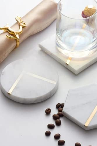 Hand Carved Natural White Marble Coasters - Set of 4 Half Mango Wood or Half Brass - Round Marble Coasters Set for Drinks. Brass/Wood & Marble Home Decor - Marble Coaster Set (Marble & Brass)