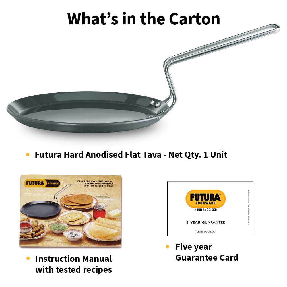 Futura Hard Anodised Flat Tava Griddle, 10-Inch, 4.88mm with Steel Handle, Black