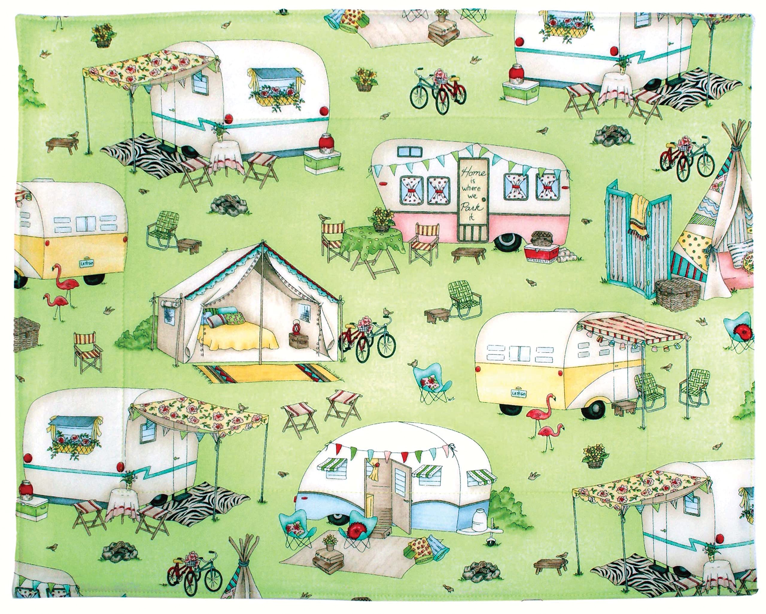 Camping Scenes on Green Coffee Station Mat - Dish Drying Mat - Pet Placemat - Appliance Mat - Camper Mat - 16 x 20 Inches - Handmade by Green Acorn Kitchen