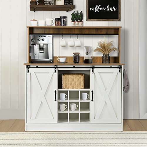 Farmhouse Coffee Wine Bar Cabinet with 6 Hooks, Sliding Barn Door, 47’’ Sideboard Buffet Cabinet with Adjustable Shelf for Kitchen, Dining Living Room, White