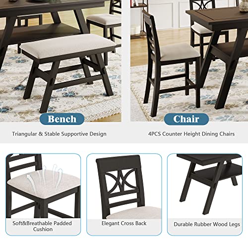 Farmhouse Counter Height 6-Piece Dining Set, Heavy Solid Wood Kitchen Dining Room Table Set, 60 in Triangular Design Bar Table with Storage Shelf, Bench and 4 Chairs with Soft Cushion (Espresso)