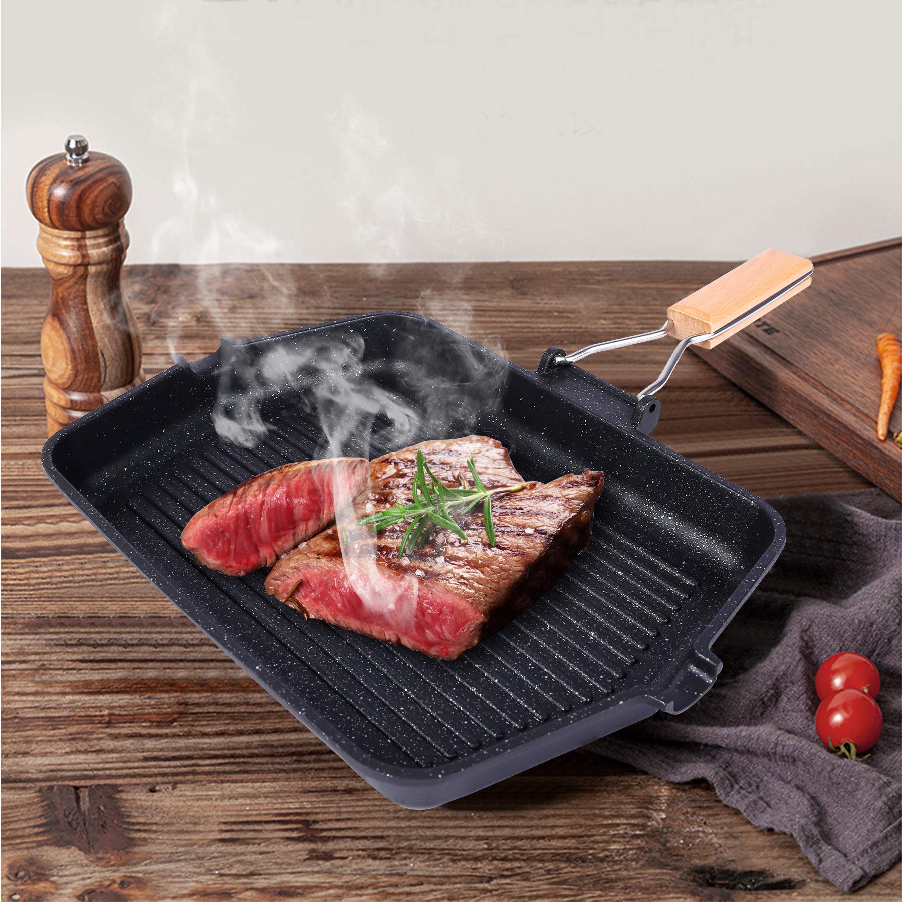 CAMPMAX Grill Pan with Folding Handle, Non-stick Grill Pan for Stove Tops, Induction Compatible KBBQ Grill Pan 14.5x9.9β