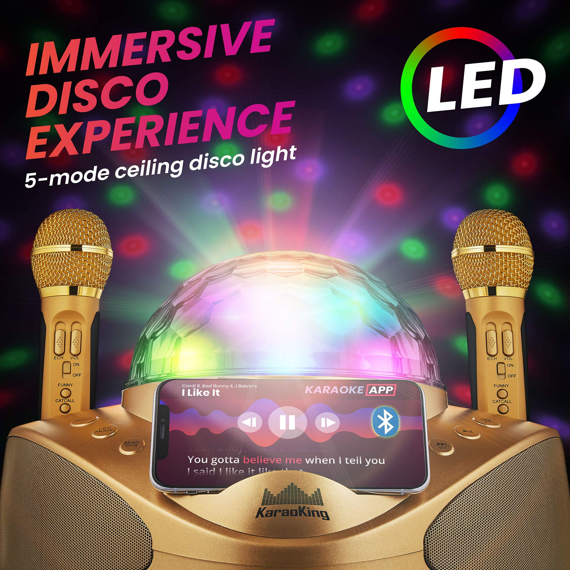 KaraoKing New 2020 Karaoke Machine – for Adults and Kids –2 Wireless Karaoke Microphone, SD Card, USB, Bluetooth Compatible, Lights Function– Home, Bachelor Party, Picnic, Outdoor/Indoor [G308 Gold]