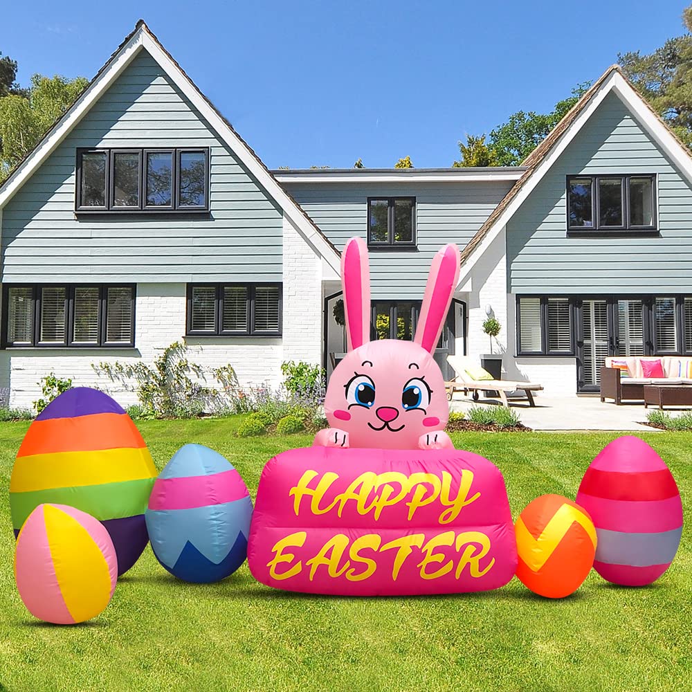 Domkom 8FT Easter Inflatable Decorations Bunny with Eggs, Build-in LED Lights Holiday Blow Up Yard Decoration, for Easter Holiday Party, Outdoor,Garden, Yard Lawn Decor