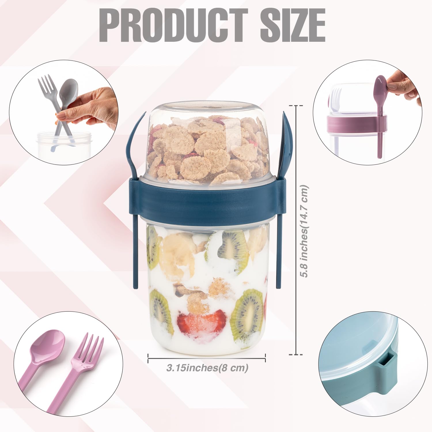 EYNEL 4 Pack On The Go 22 oz Breakfast Cups with Lids and Spoon, Reusable Cereal Yogurt Cup with Topping Plastic Overnight Oats Container for Granola Oatmeal (22 oz - 4 Pack)