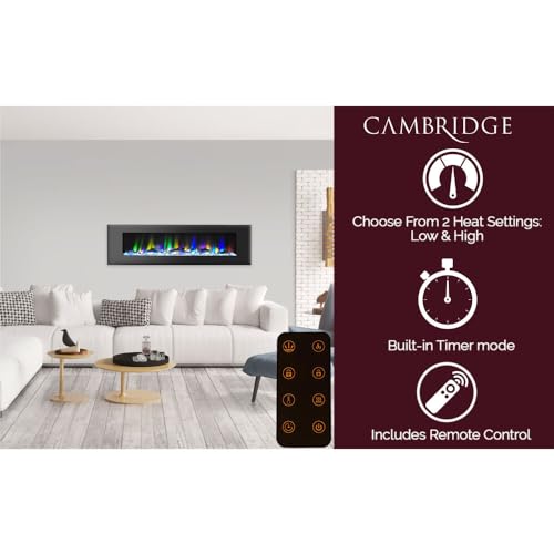 Cambridge 72 Inch Wall Mount Electric Fireplace Heater with Remote Control, Multicolor Flames, and Driftwood Log Display for Indoor Use in Living Room, Bedroom, Home Office, Black