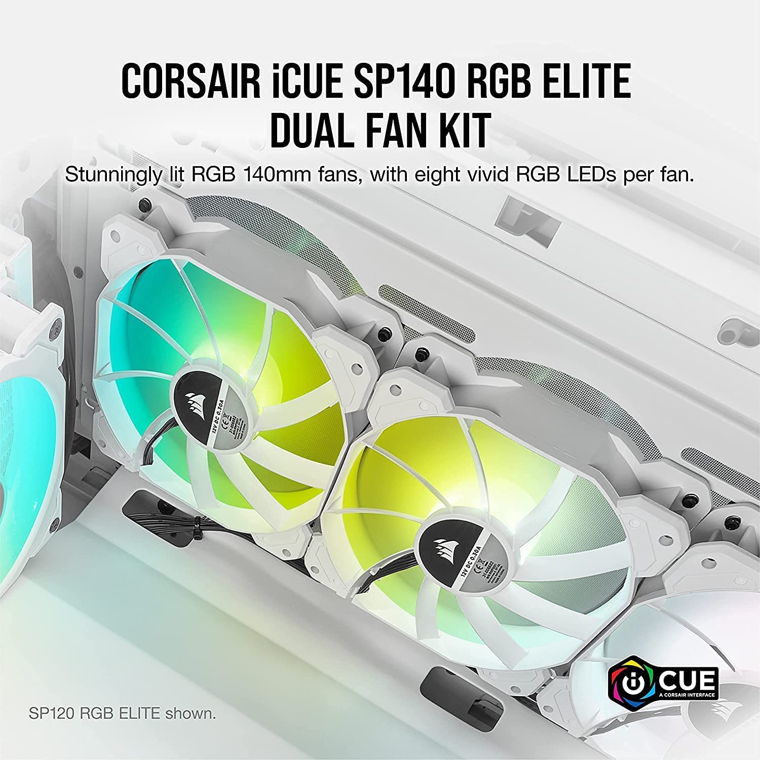 CORSAIR iCUE SP140 RGB Elite (CO-9050139) Performance 140mm - White PWM Dual Fan Kit with Lighting Node CORE (Renewed)