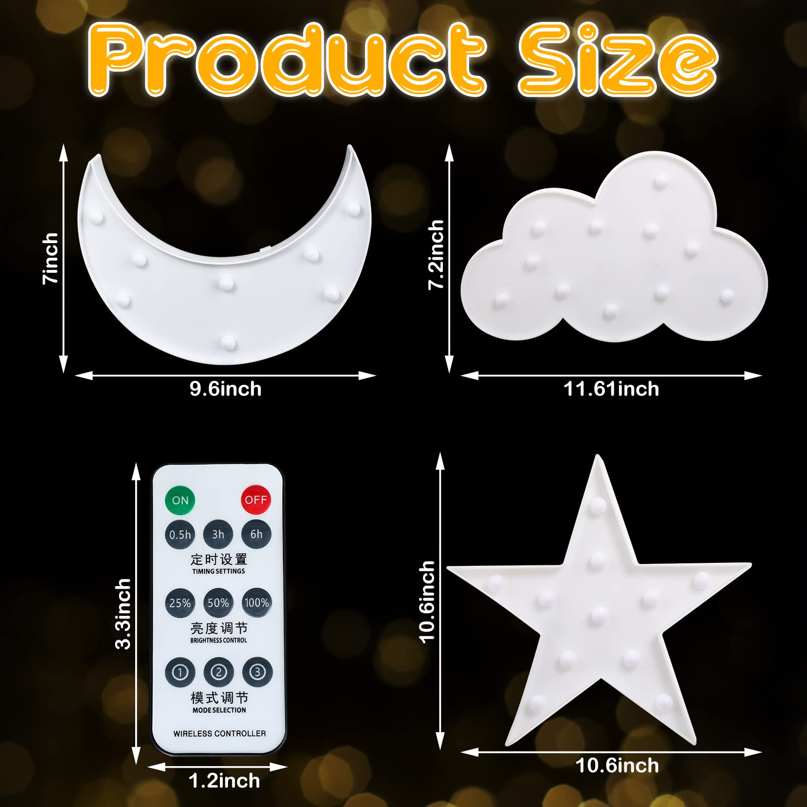 Coume 3 Pcs Decorative LED Night Lights 3D Crescent Moon Star Cloud Night Lights Remote Control Room Lights for Birthday Party Holiday Baby Room Nursery Decoration(Blue)