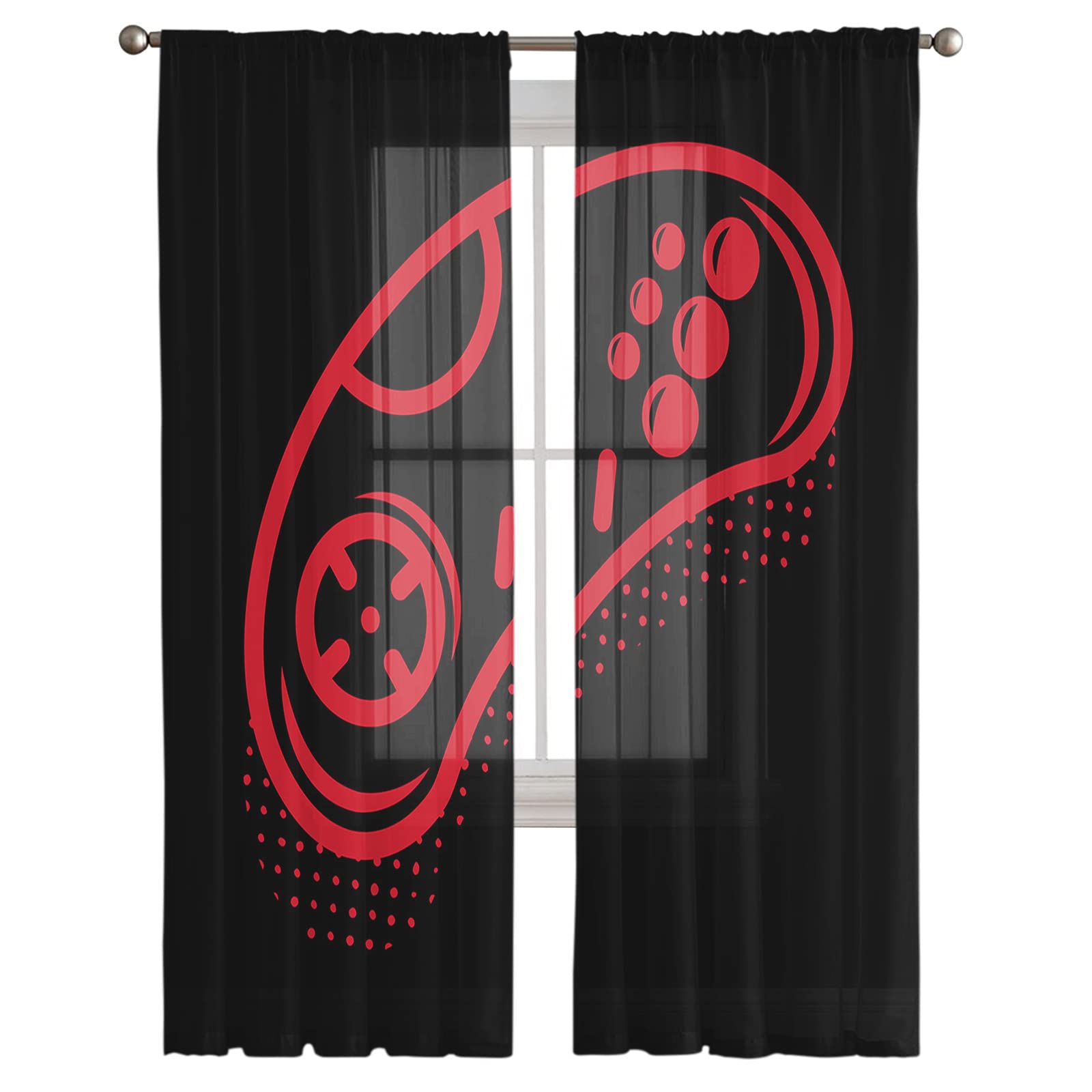 Video Game Window Semi Sheer Curtains for Bedroom Living Room, Red Gamepad Games Controller Gamer Black Rod Pocket Chiffon Voile Sheer Drapes Curtain 84 Inch Length 2 Panels Set