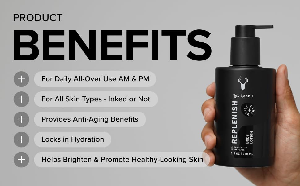 Mad Rabbit Replenish Tattoo Body Lotion - Fragrance-Free Lotion, Non-Greasy & Silicone-Free, Clean Ingredients, Lightweight for Daily Use (9.5 Ounce)