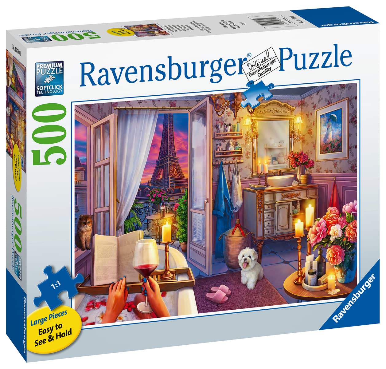 Ravensburger Cozy Bathroom Jigsaw Puzzle - 500 Piece Large Format | Adult Friendly | Unique Softclick Technology Vibrant & Glare-Free | FSC-Certified Sustainable Product